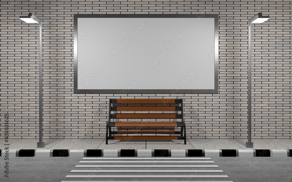 Mockup poster in road side with street light, brick wall, chair ...