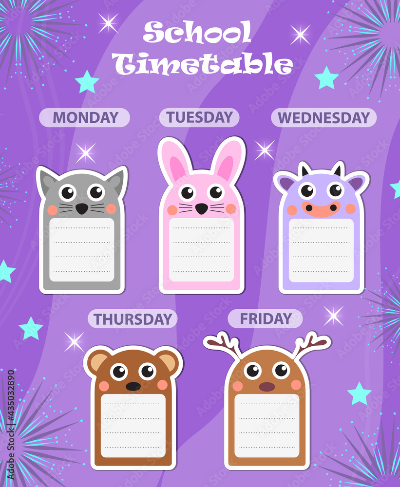 Weekly school timetable template with cute design elements. Weekday ...