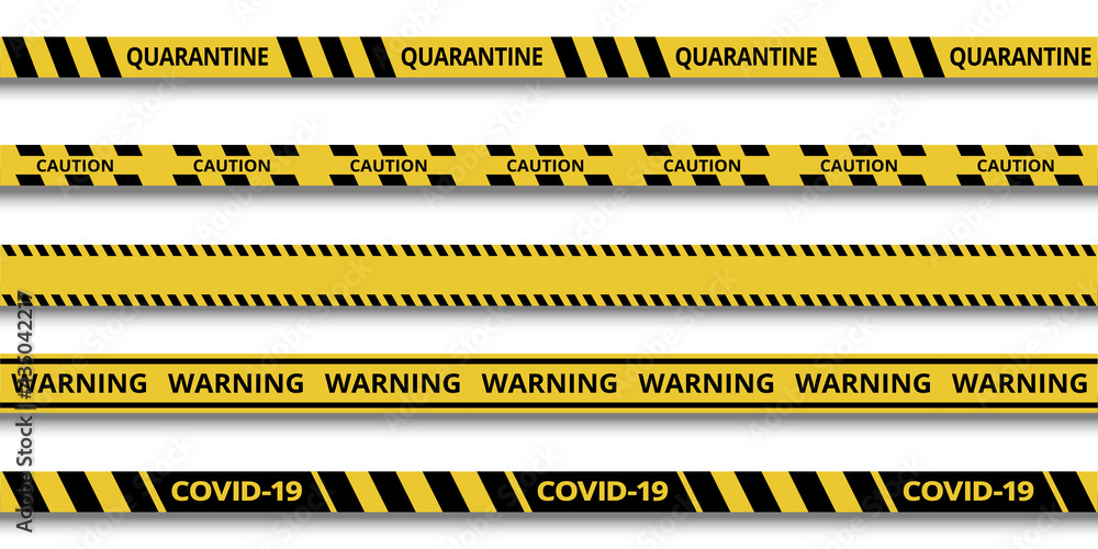 Strips of quarantine. Covid-19 warning caution sign. Black and yellow ...