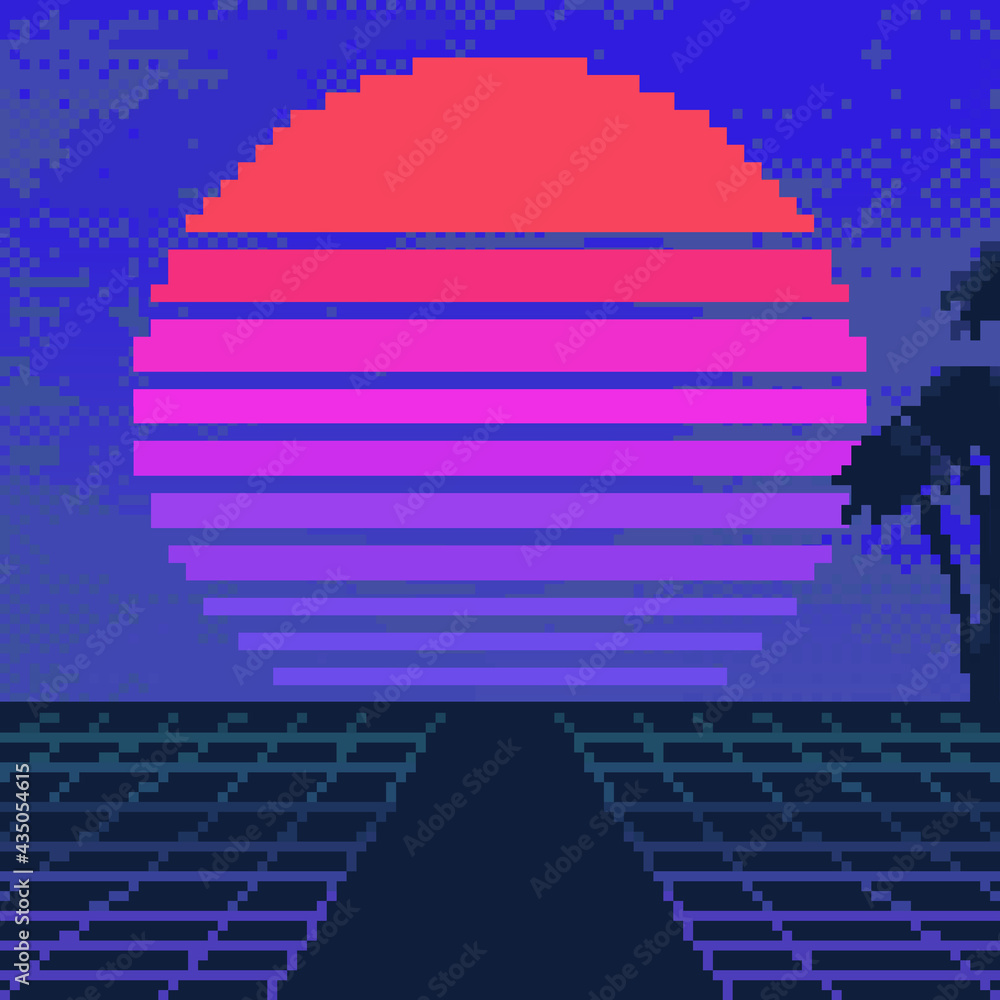 Pixel art of 80s Retro sci-Fi background. Pixel art background. 8bit ...