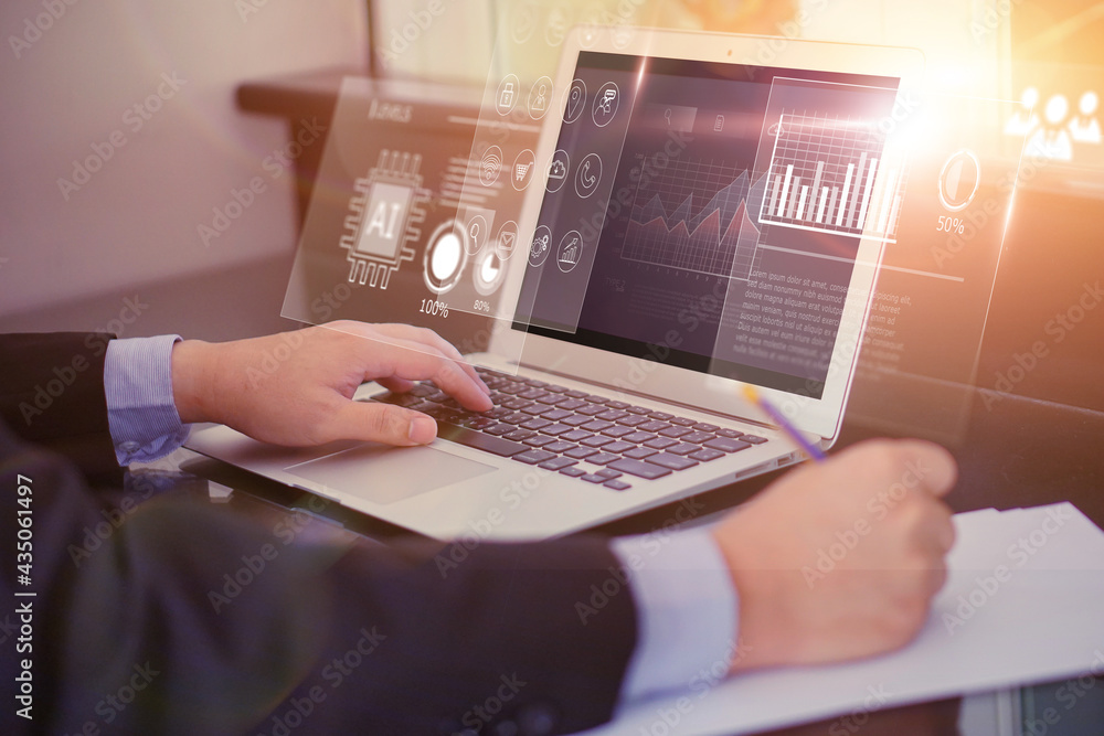 Business people using computer laptop HUD screen display projection ...