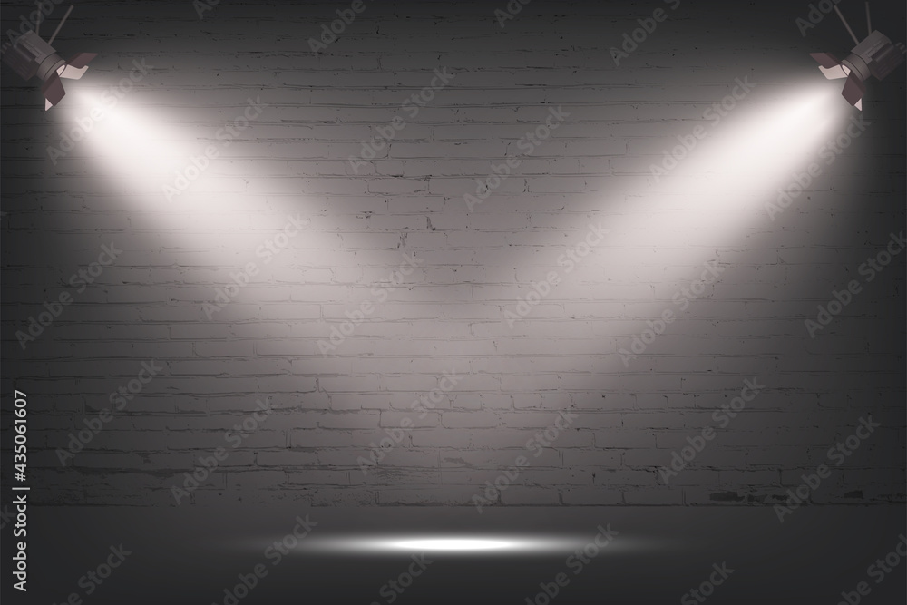 Grey brick wall with spotlight, stone background. Light from two lamps ...
