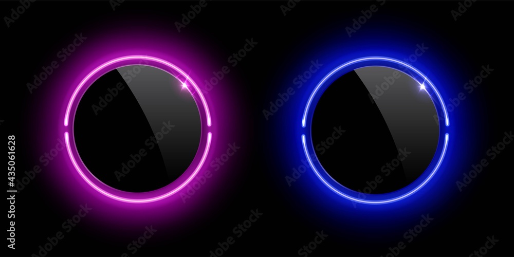 Realistic glossy plastic buttons with pink and blue neon round frames ...