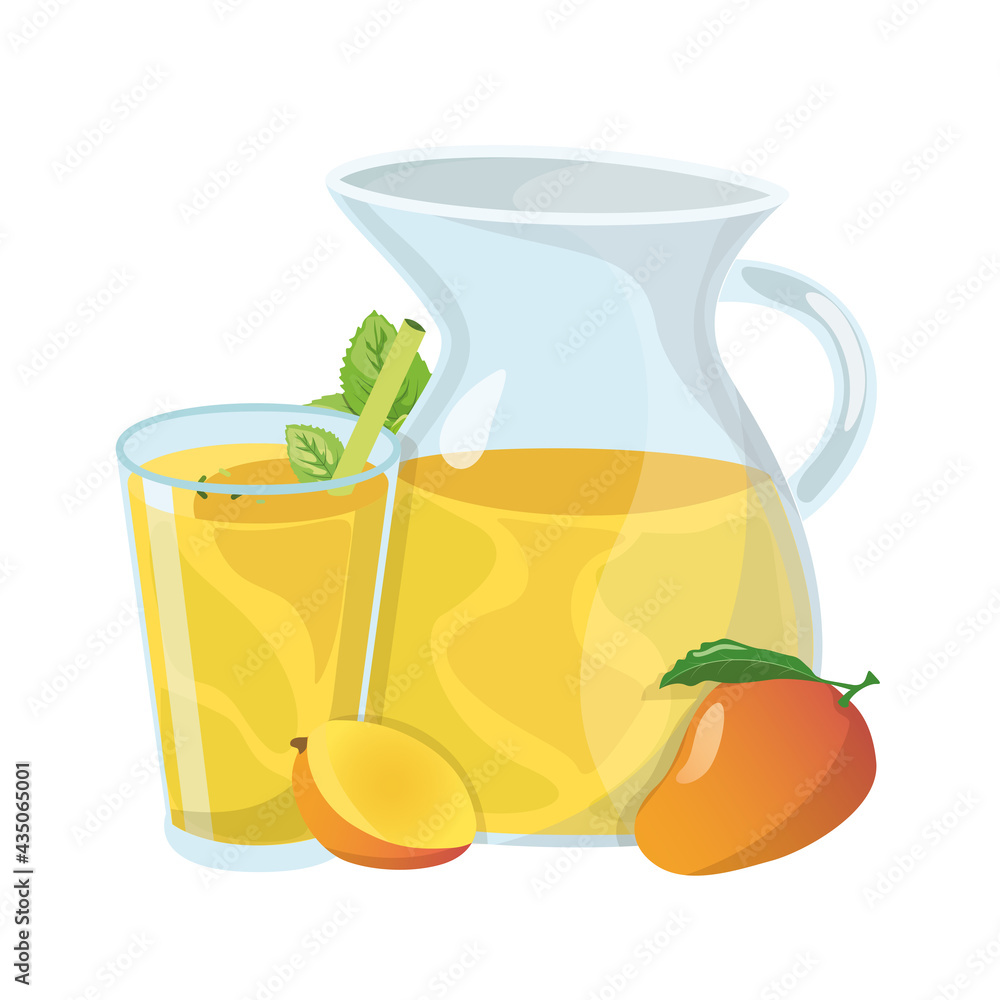 Mango juice jug, ripe mango, food vector illustration, mango juice ...