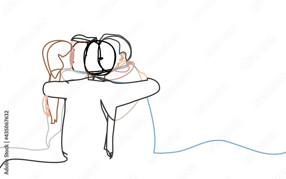 Continuous line drawings of friends embrace greeting. Vector ...