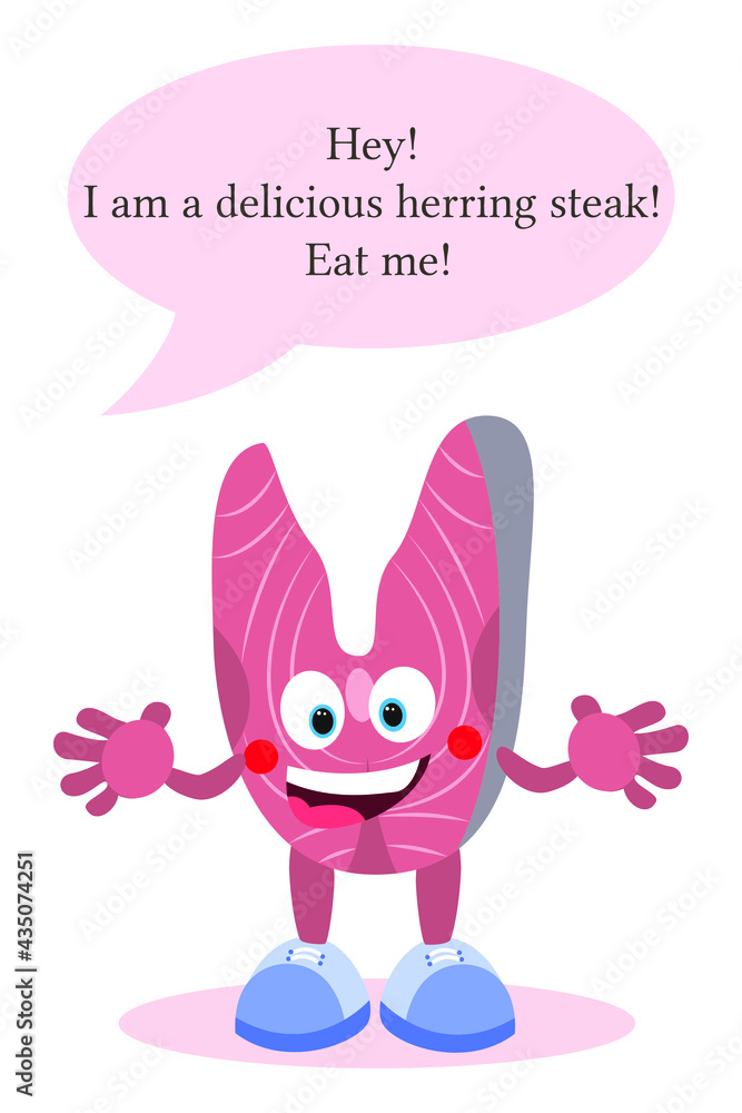 Cartoon herring steak. Fish with face, arms and legs. Smiley food ...