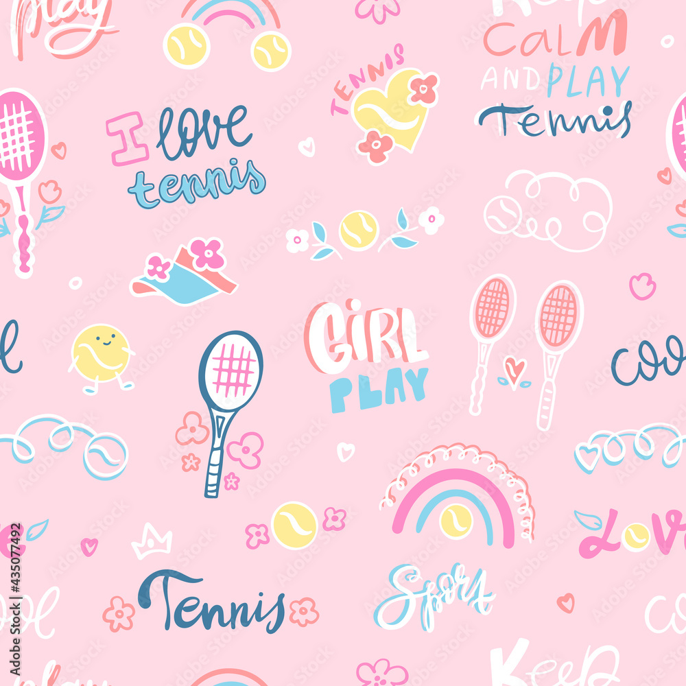 Cute girly tennis seamless pattern. Pink background with racket ...