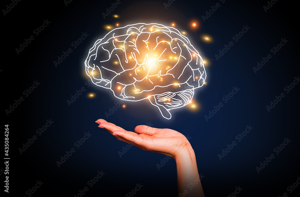 The hand of a business woman shows a smart human brain full of wisdom ...
