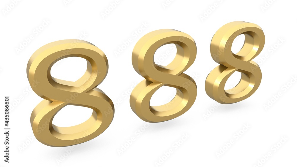 Gold metal 3d numbers "888" on a white background. Rendering an image ...