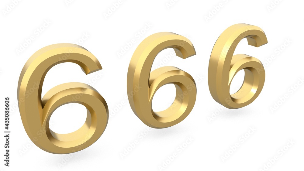 Gold metal 3d numbers "666" on a white background. Rendering an image ...