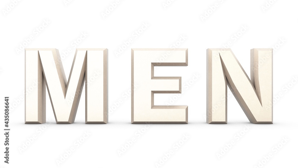 Plantin metallic 3D text "MEN" on white background with shadow at the ...