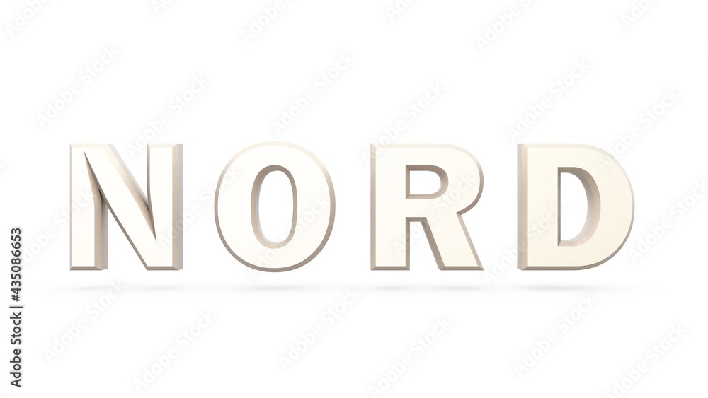 Plantin metallic 3D text "NORD" on white background with shadow at the ...