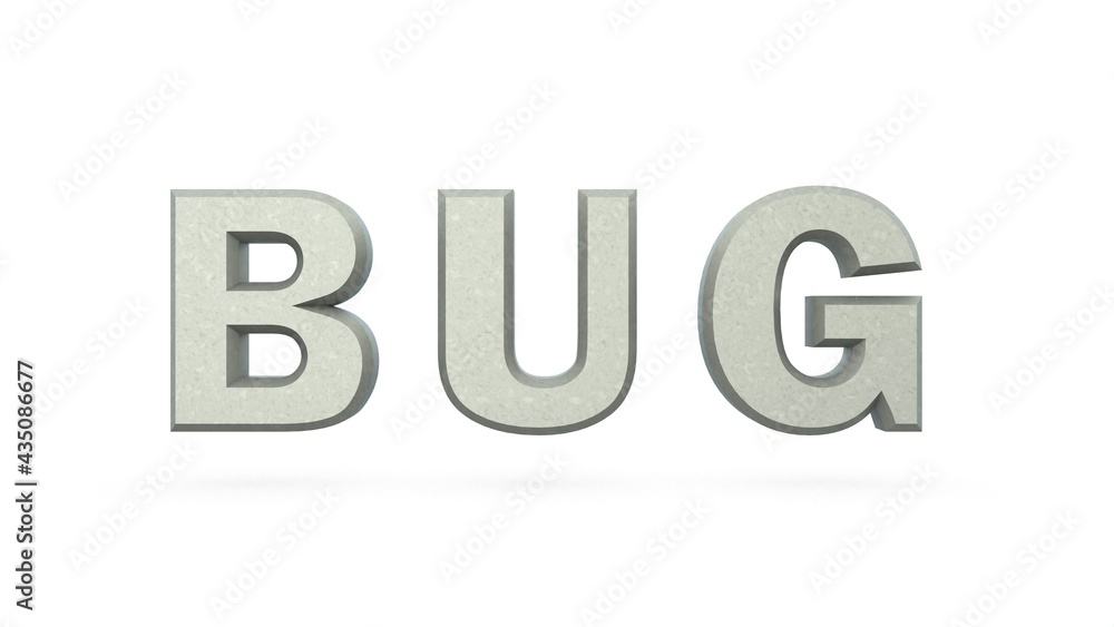 Silver 3D text "BUG" on a white background with a shadow at the bottom ...