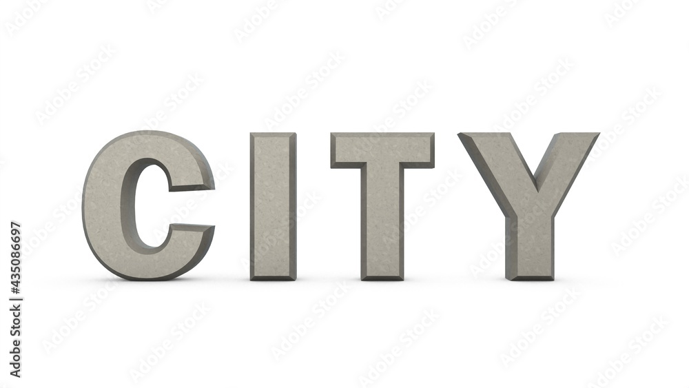Plantin metallic 3D text "CITY" on white background with shadow at the ...