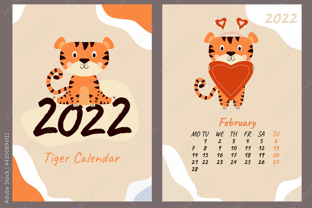 Calendar and cover for February 2022. Cute tiger cub with a heart ...