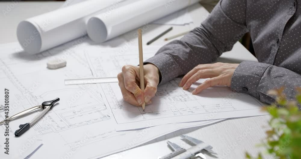 The hands of a professional architect draw a sketch of the design ...