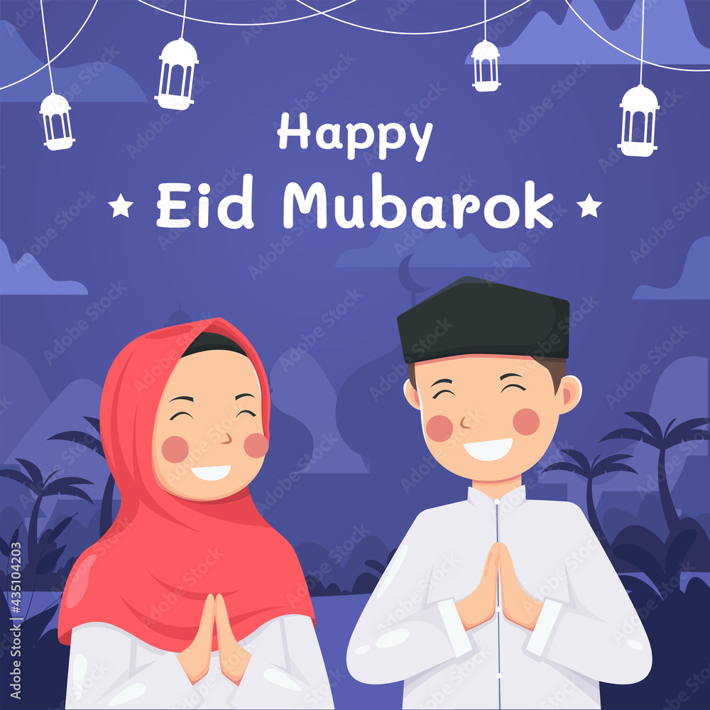 Eid mubarak greeting card with couple muslim characters and mosque as ...