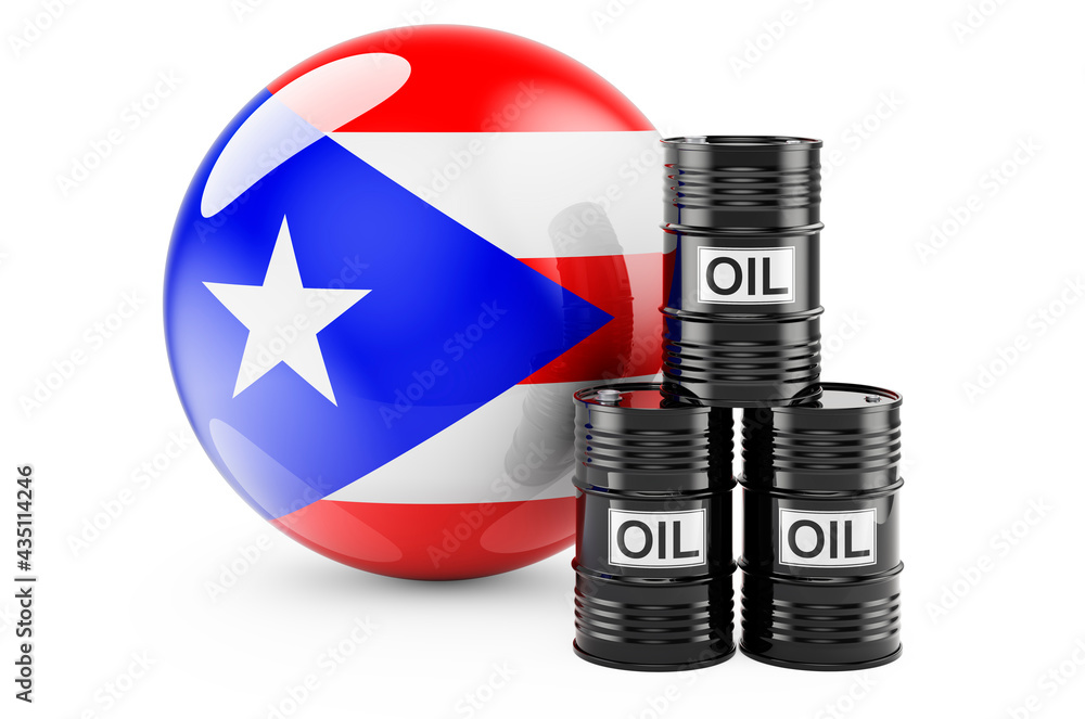 Oil barrels with Puerto Rican flag. Oil production or trade in Puerto ...