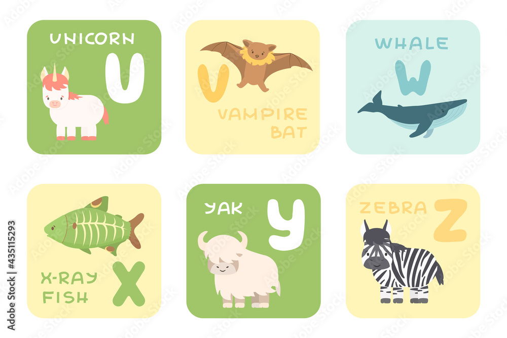 Cute U-Z alphabet cards with cartoon rainforest sea ocean African ...