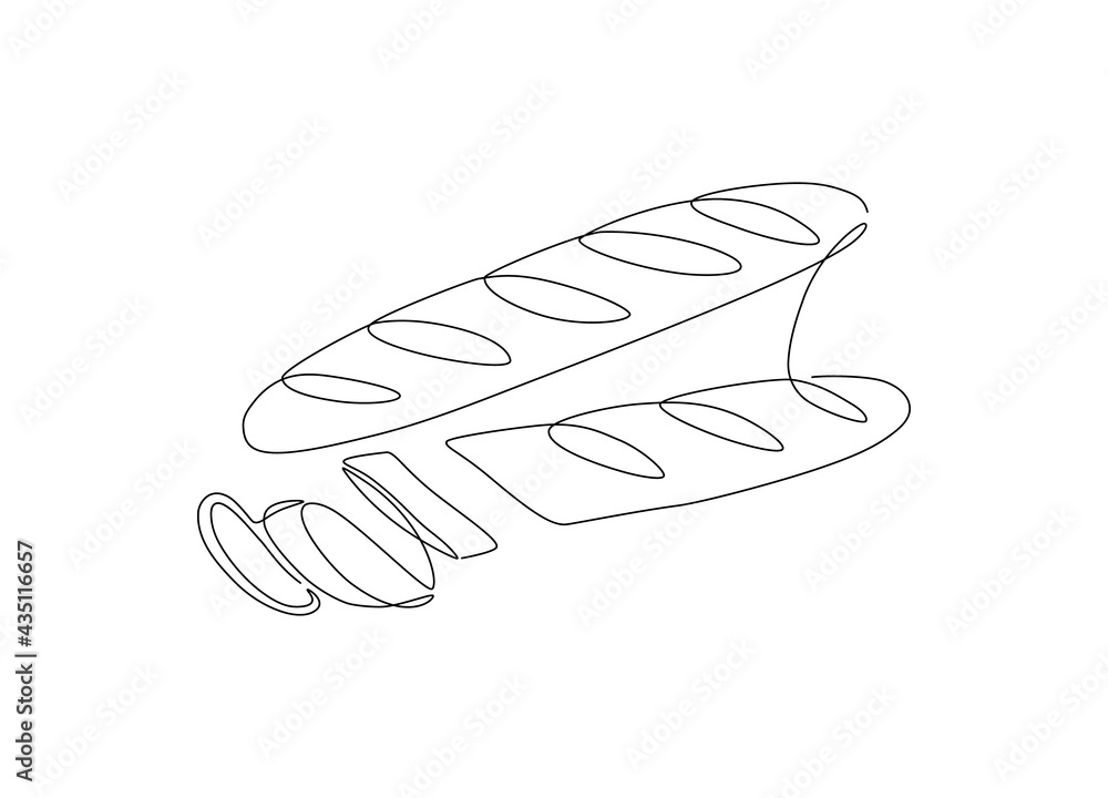 One continuous line drawing of French baguette. Simple linear sketch of ...