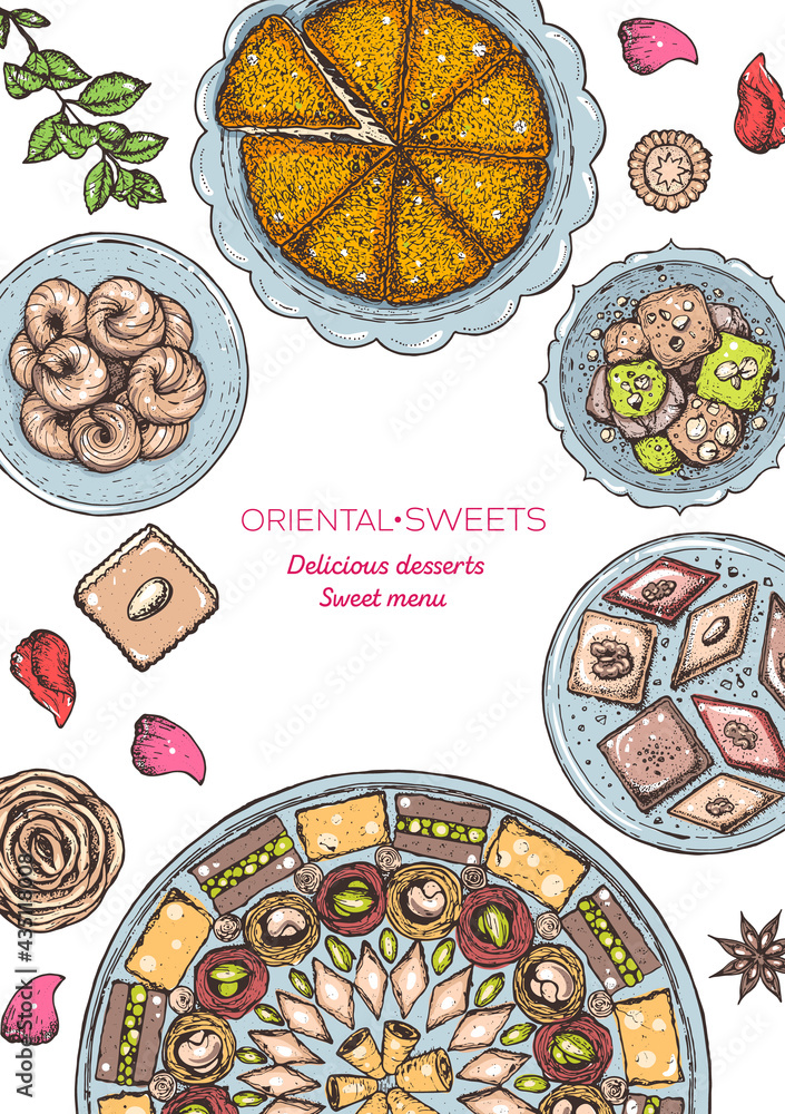 Oriental sweets vector illustration, top view. Middle eastern food ...