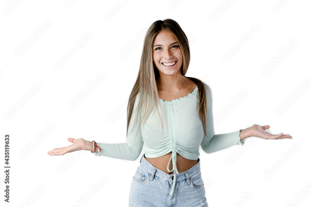 Beautiful Latin woman with her arms and knobs open at the sides on a ...