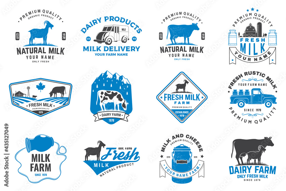 Fresh rustic milk badge, logo. Vector. Typography design with cow, milk ...