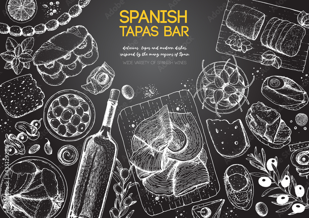Spanish cuisine top view frame. A set of spanish dishes with hamon ...
