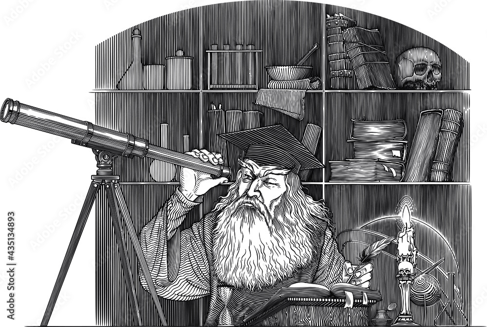 Black and white vector drawing of of an ancient astronomer looking to ...