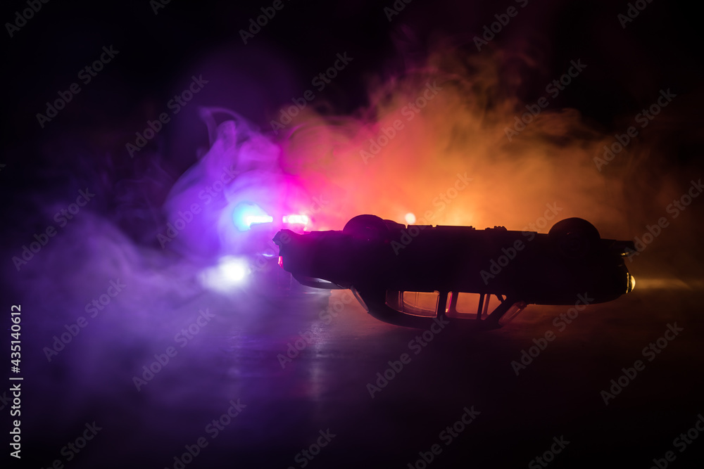 Police car chasing a car at night with fog background. 911 Emergency ...