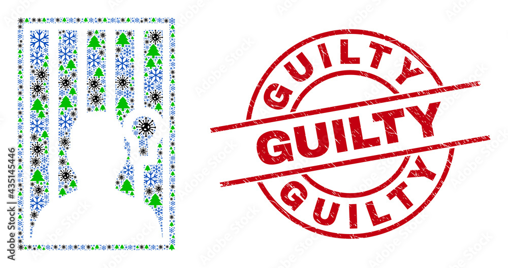 Winter Covid-2019 mosaic jailed person, and Guilty red round stamp ...