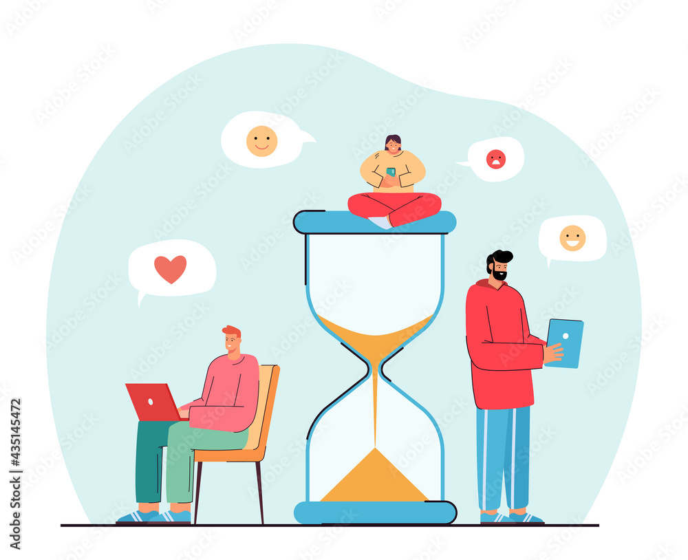 Tiny people spending their time in Internet. Flat vector illustration ...