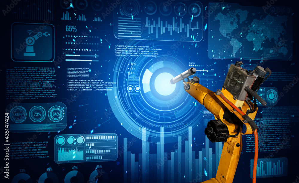 Robot arm AI analyzing mathematics for mechanized industry problem ...