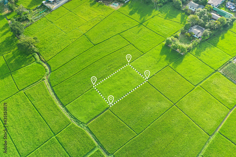 Land plot in aerial view. Gps registration survey of property, real ...