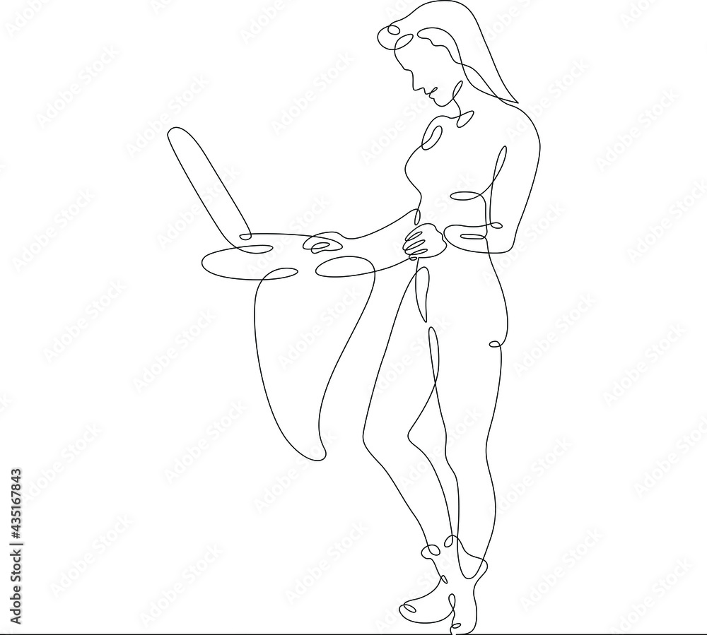 One continuous line logo. Female character working at laptop. Designer ...