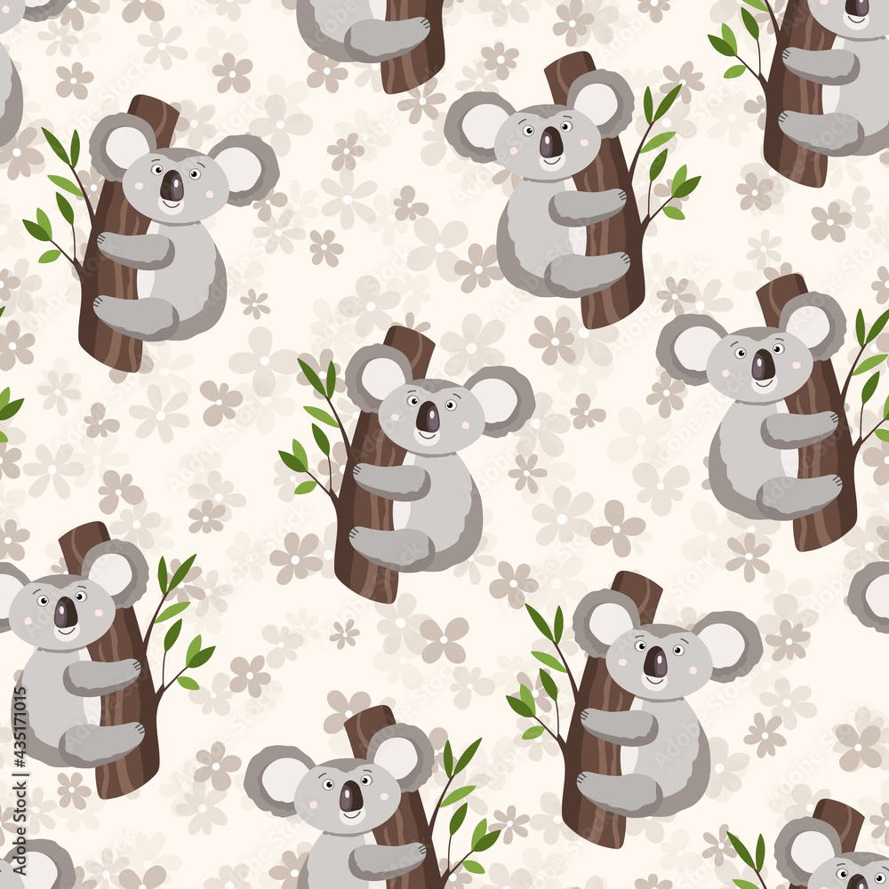 Seamless pattern with cute koala baby and flowers on color background ...