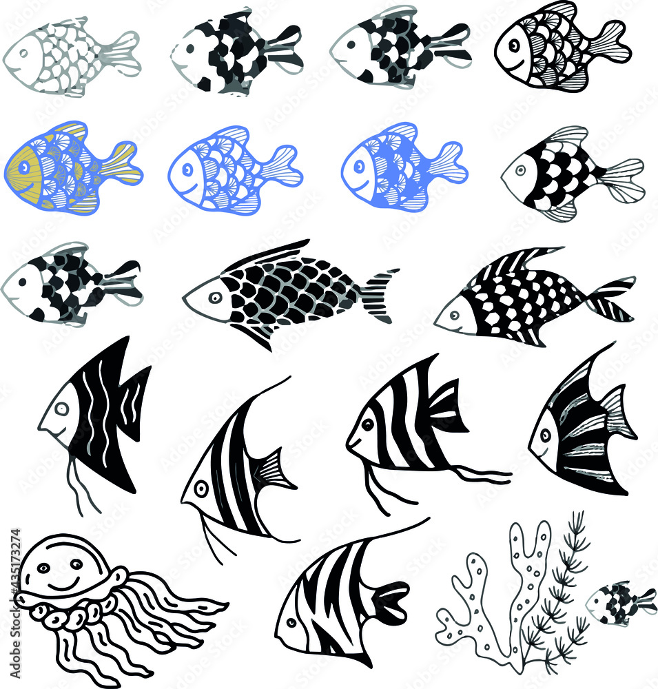 Fish animals underwater graphic illustration hand drawn print sketch ...