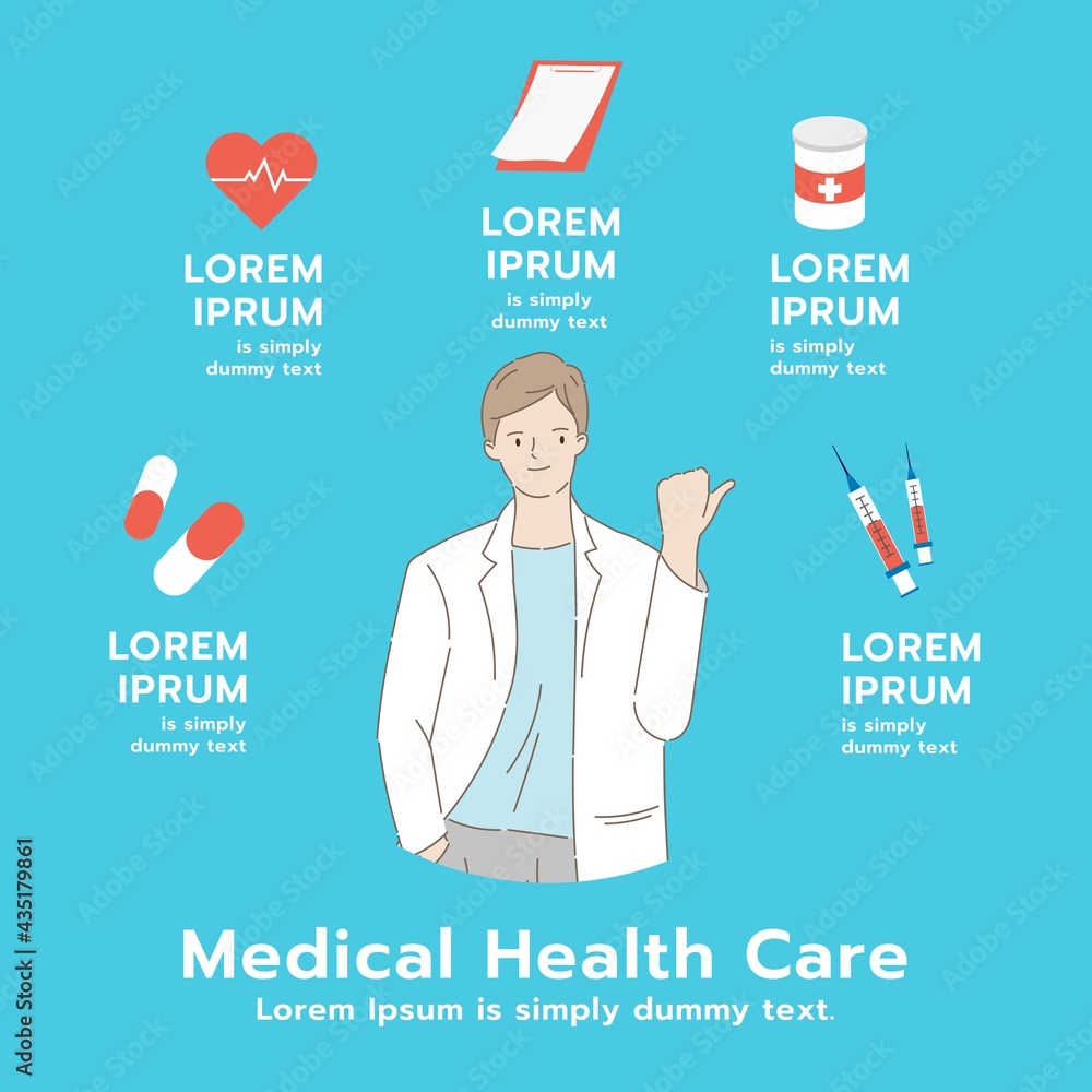 Medical health care infographic with male doctor pointed his thumb at ...