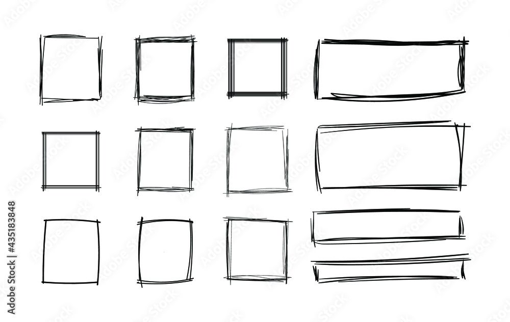 Vector Hand Drawn Squares Set, Blank Frames Set, Black Scribble Geometric Shapes Isolated on ...