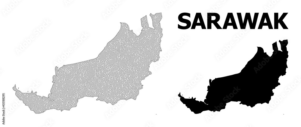 Polygonal mesh map of Sarawak in high detail resolution. Mesh lines ...