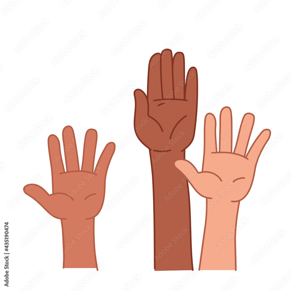 Colorful hands reach up. Voting for freedom. strike or rally. Vector ...