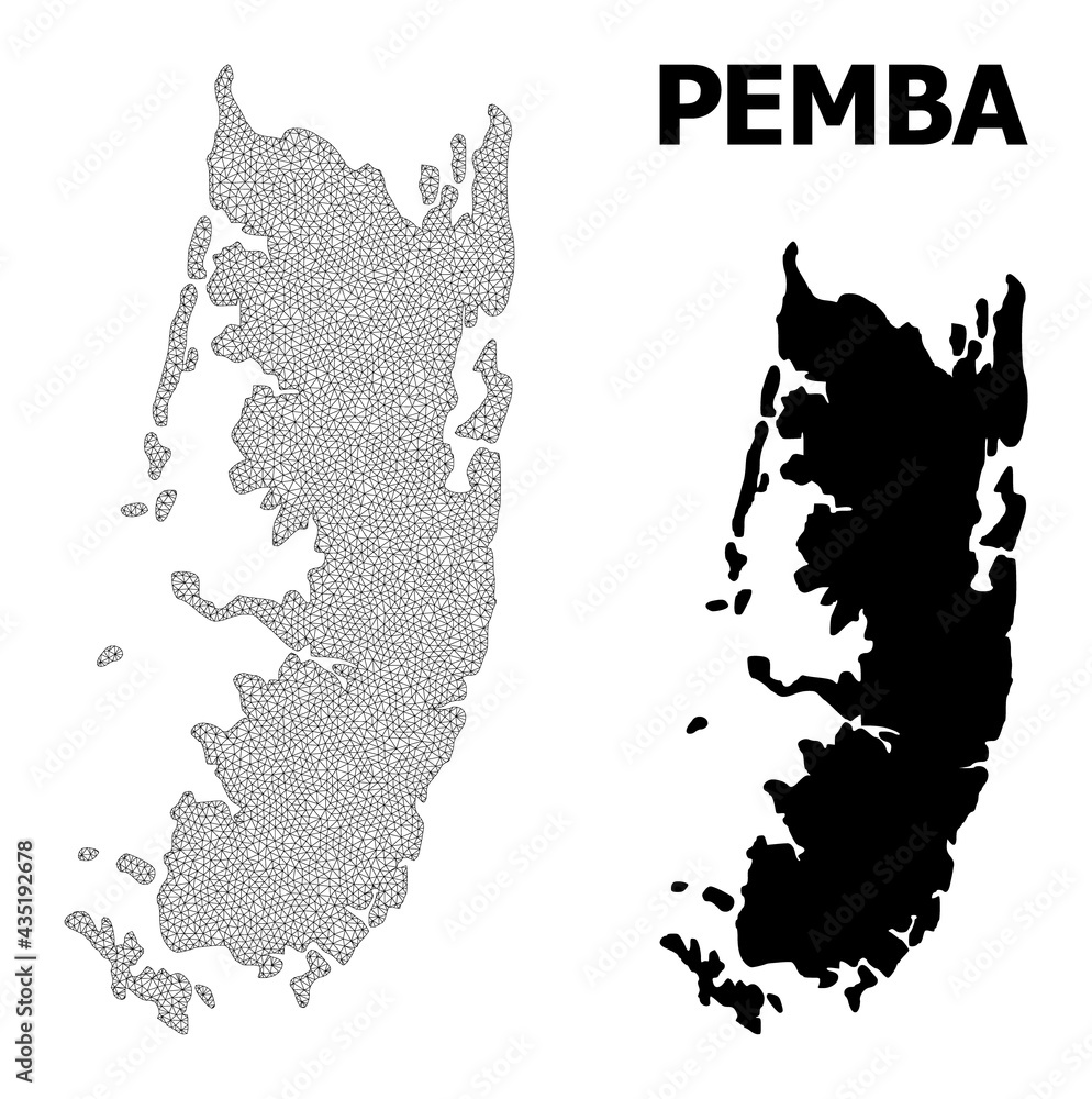 Polygonal mesh map of Pemba island in high resolution. Mesh lines, triangles and points form map ...