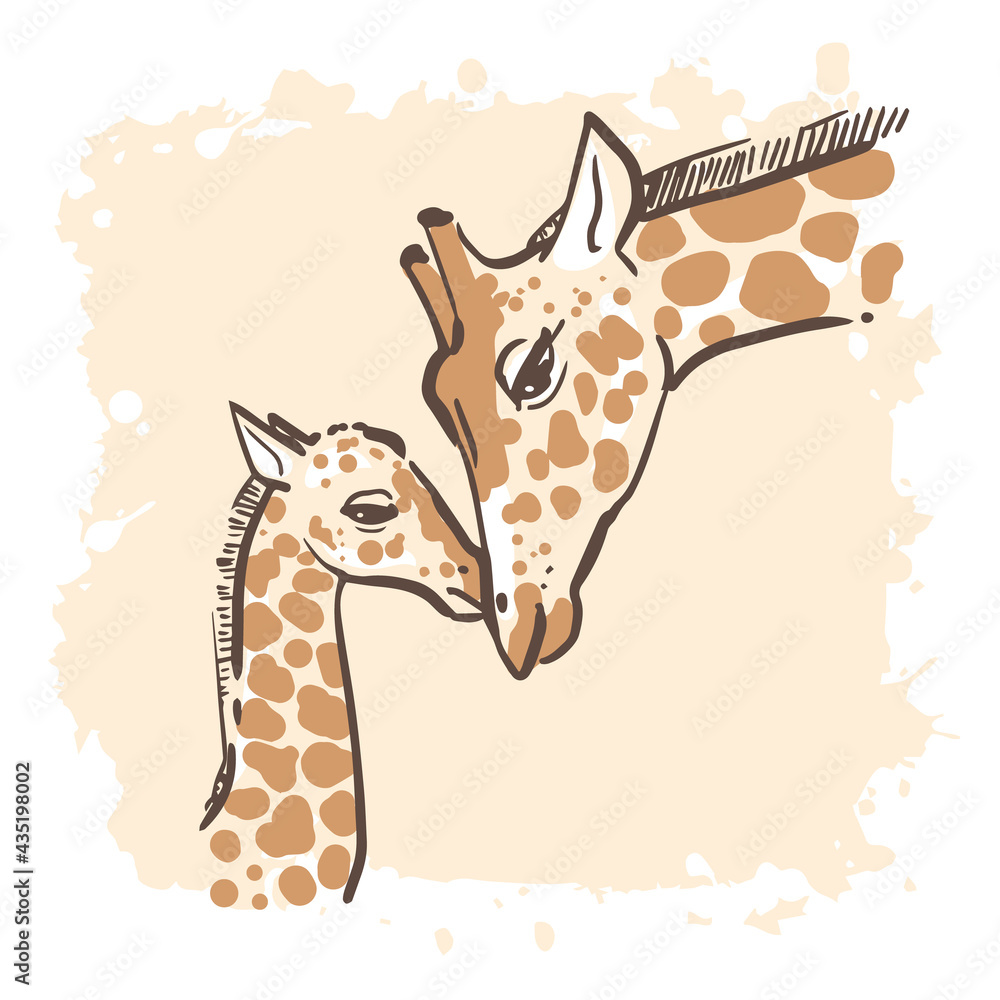 Sketchy portrait of two giraffes. Hand drawn color illustration. Simple ...