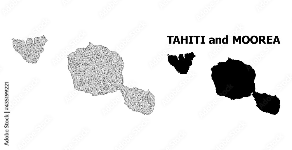 Polygonal mesh map of Tahiti and Moorea islands in high detail resolution. Mesh lines, triangles ...