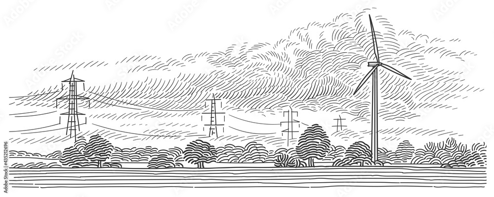 Wind turbine in the field with powerline tower on background line art ...