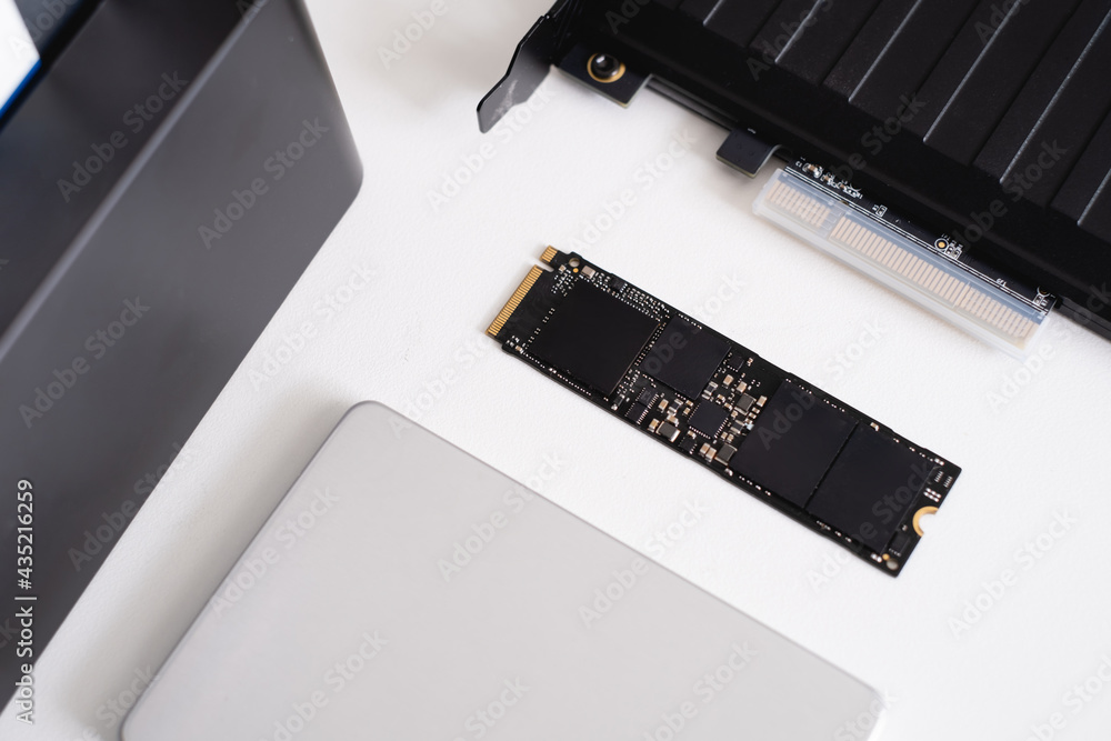 data storage devices concept with Hard Disk, Solid State Drive (SSD ...