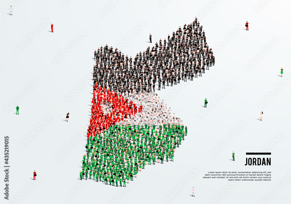 Jordan Map and Flag. A large group of people in the Jordan flag color ...