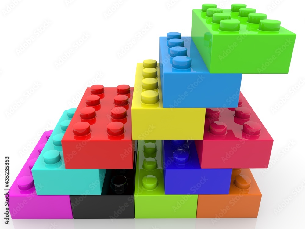 Toy bricks of different colors are connected to each other in an ...