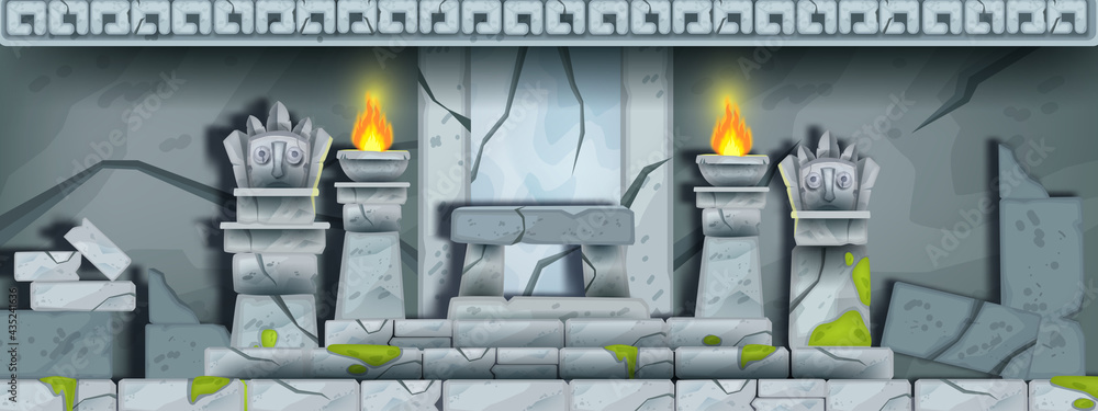 Ancient stone temple ruin, vector cartoon maya tomb interior background ...