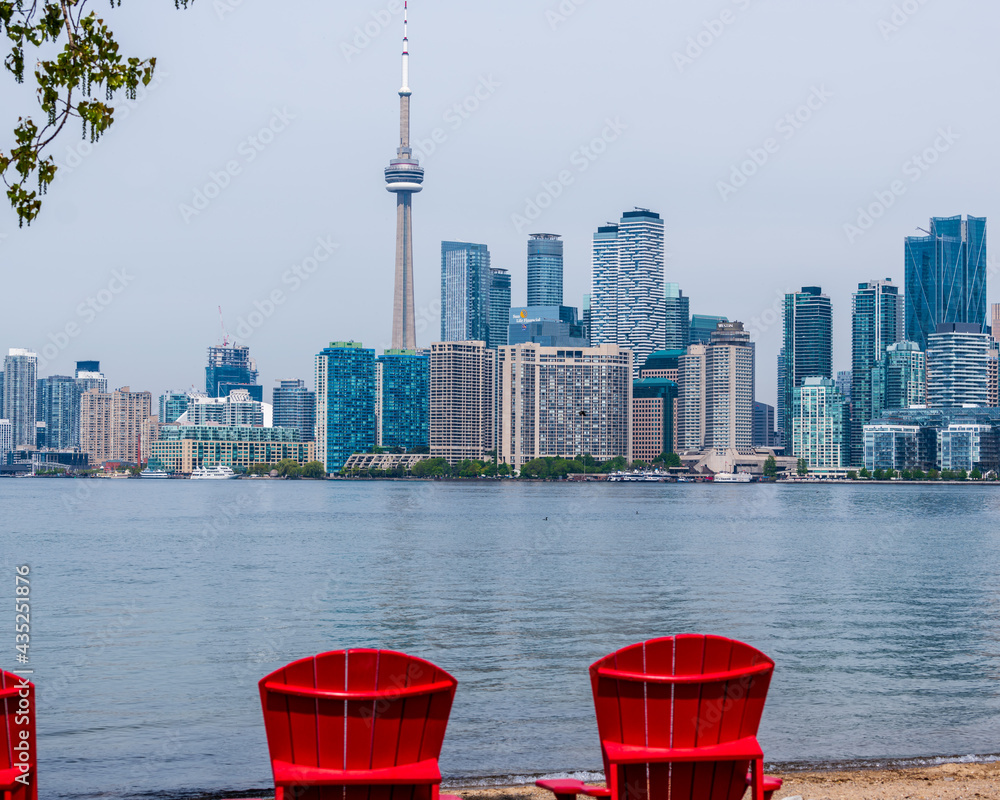Toronto's Harbourfront and skyline seen from the beach on Ward's Island ...